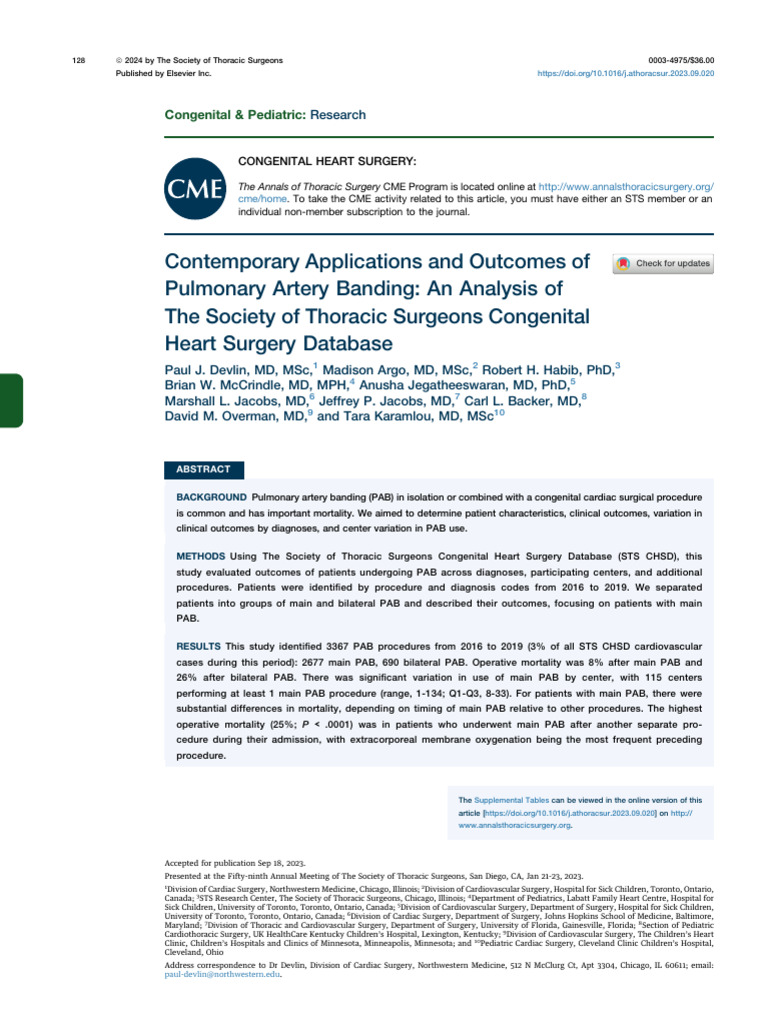 Contemporary Applications and Outcomes of Pulmonary Artery Banding: An ...
