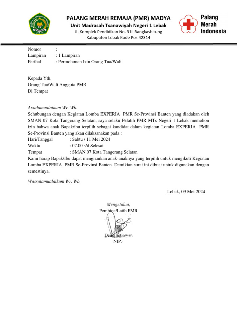 Surat Izin PMR Mts Negeri-1 | PDF