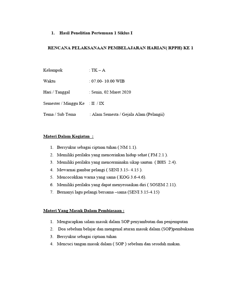 RPPH TK A: Pembelajaran Pelangi | PDF
