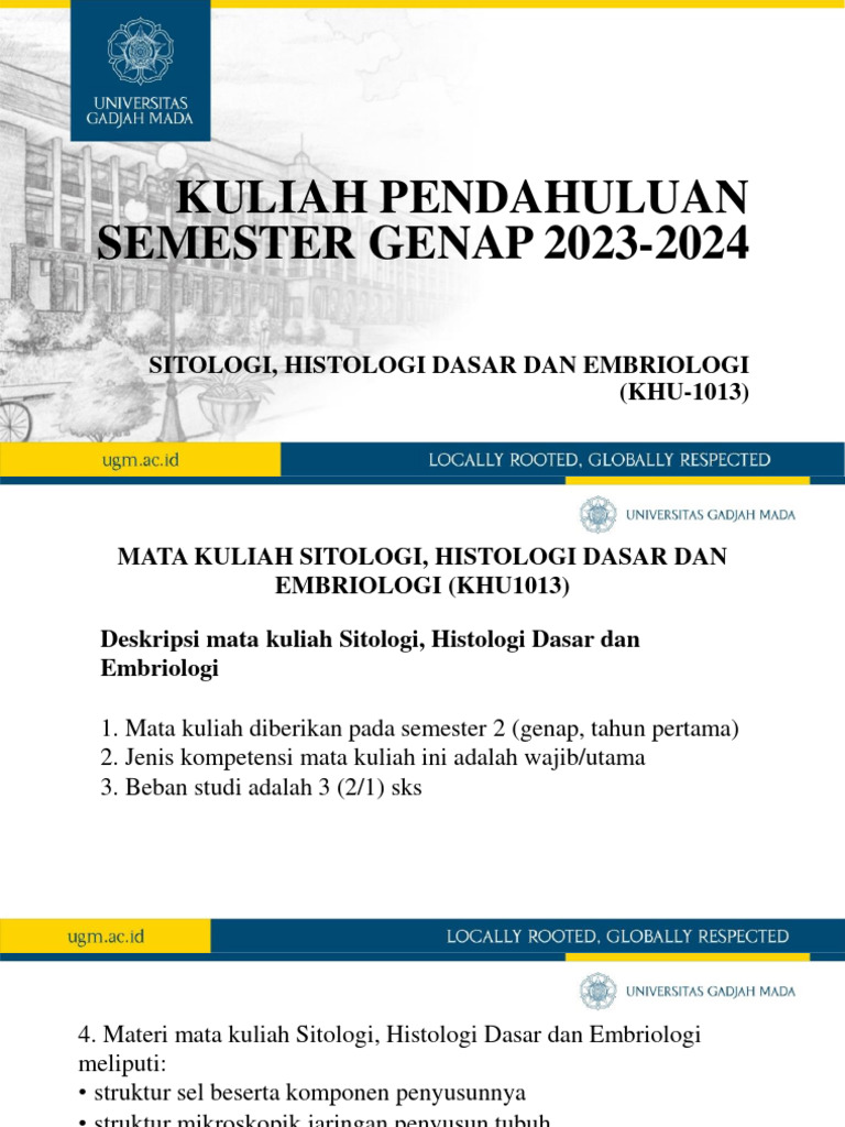 Kuliah Pendahuluan Sitologi, Histologi Dasar Dan Embriologi Semester Genap 2023-2024 | PDF