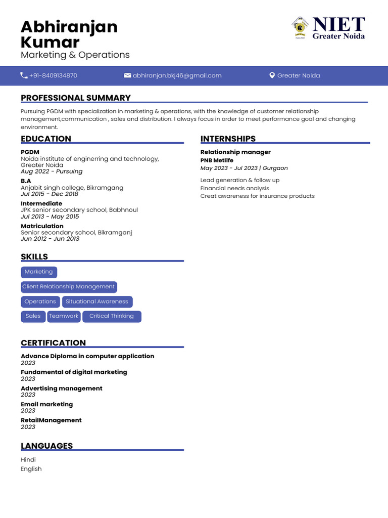 Abhiranjan - Kumar - Marketing & Operations | PDF