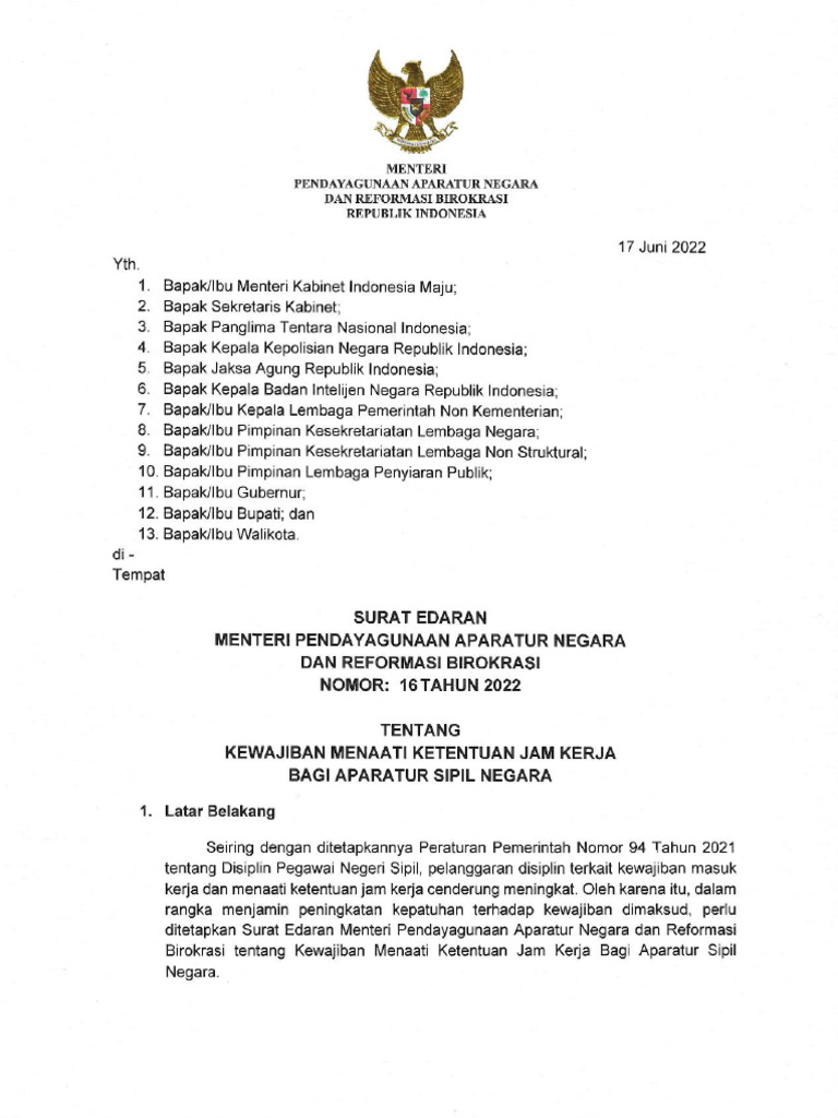 Surat Edaran Menteri PANRB No. 16 Tahun 2022 Opt | PDF
