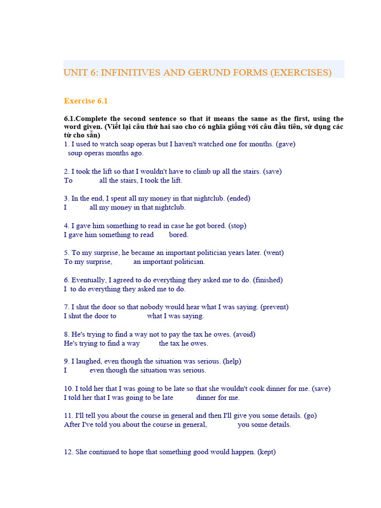 UNIT 6 - INFINITIVES AND GERUND FORMS (EXERCISES) | PDF