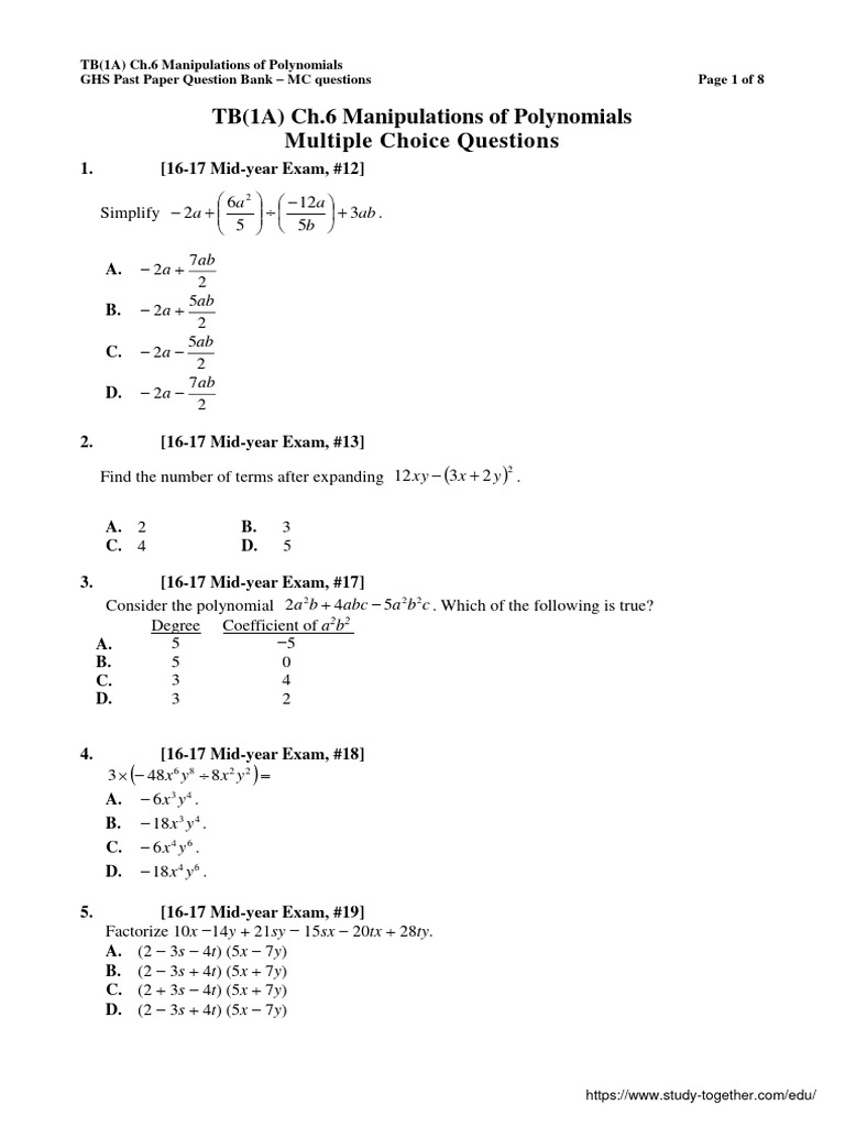 Good Hope School - 16 21 1A Ch.6 Manipulations of Polynomials MC | PDF ...