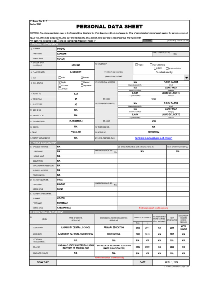 Personal Data Sheet | PDF