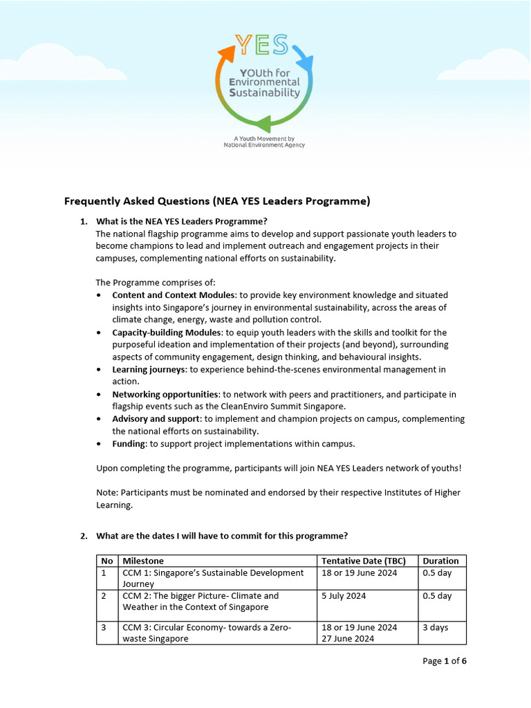 NEA YES Leaders Programme Overview | PDF | Sustainability | Mentorship