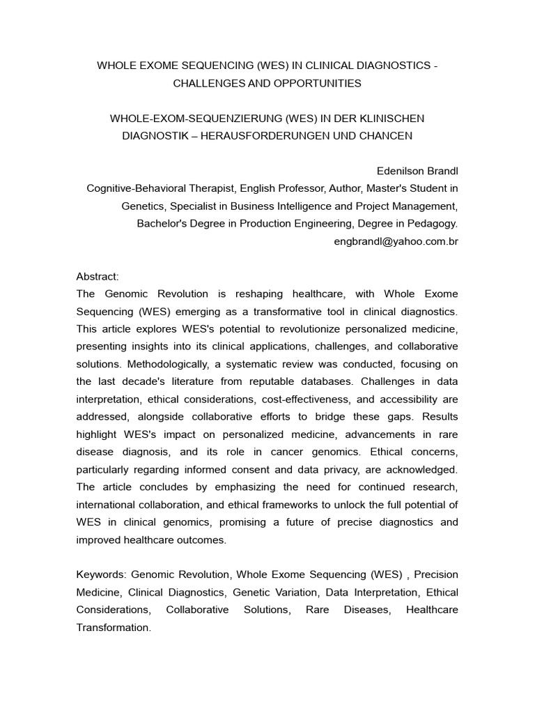 Whole Exome Sequencing (WES) in Clinical Diagnostics - Challenges and Opportunities | Download ...