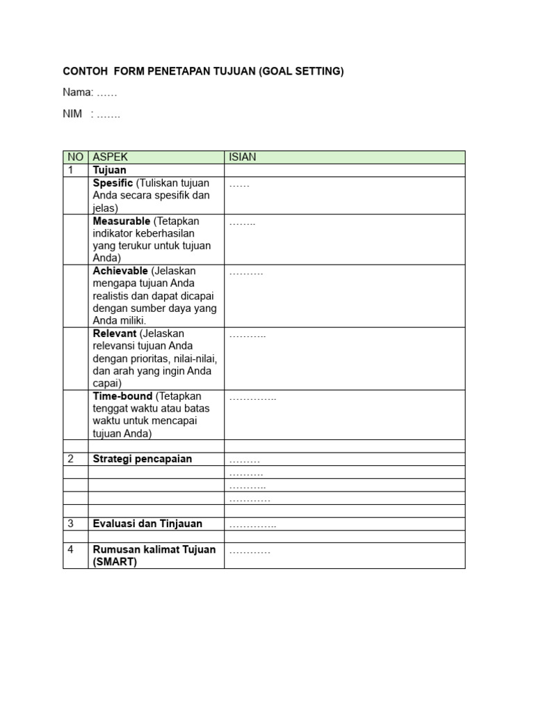 Contoh Form Penetapan Tujuan (Goal Setting) | PDF