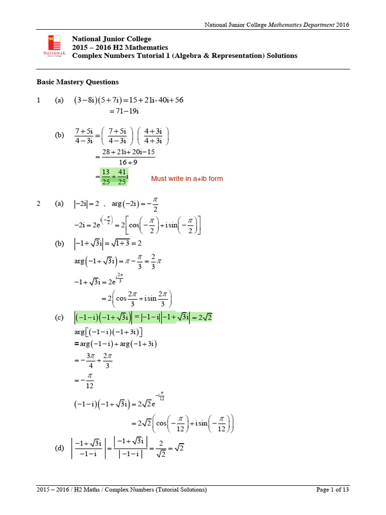 Complex Numbers Tutorial 1 Solns | PDF | Complex Number | Representation Theory
