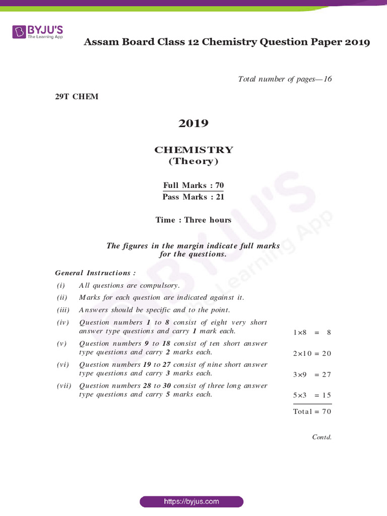 Assam Board Class 12 Chemistry Question Paper 2019 | PDF | Crystal ...
