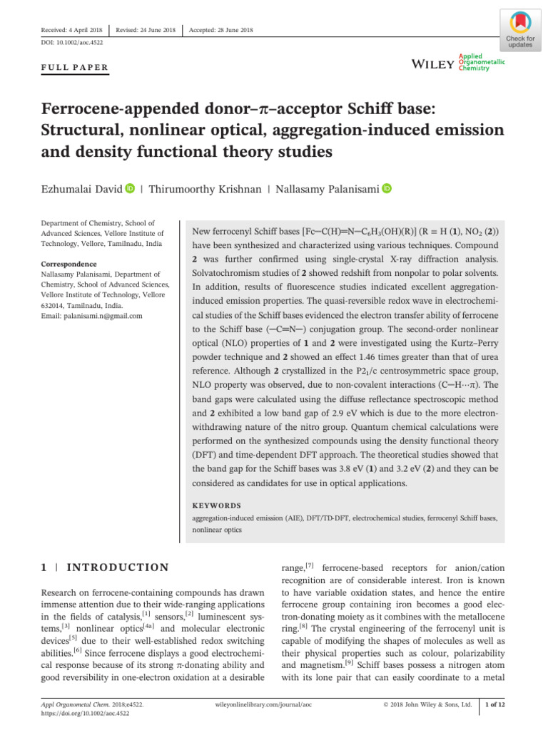 Ferrocene Schiff Base Optical Study | PDF | Emission Spectrum ...