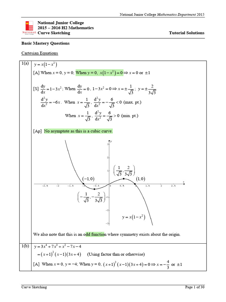 Curve Sketching Tutorial Solutions | PDF | Asymptote | Ellipse