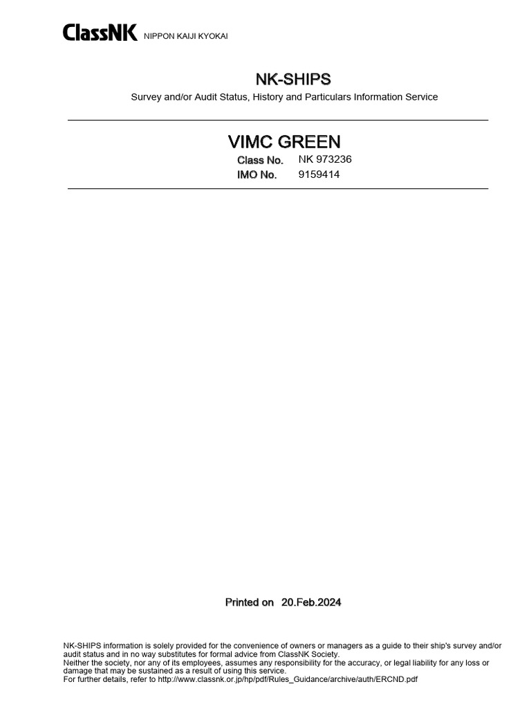 VIMC Green - NKK Class Status | PDF | Cylinder (Engine) | Tonnage