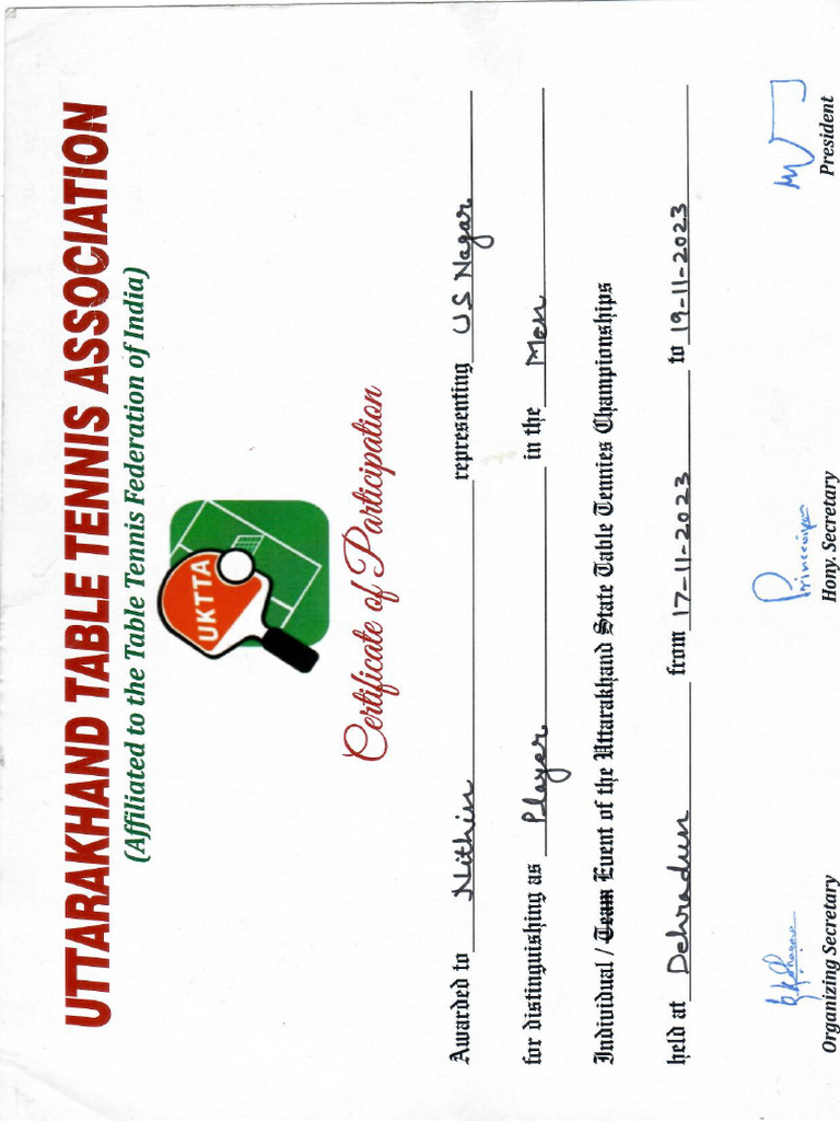 State Ranking TT Certificate | PDF