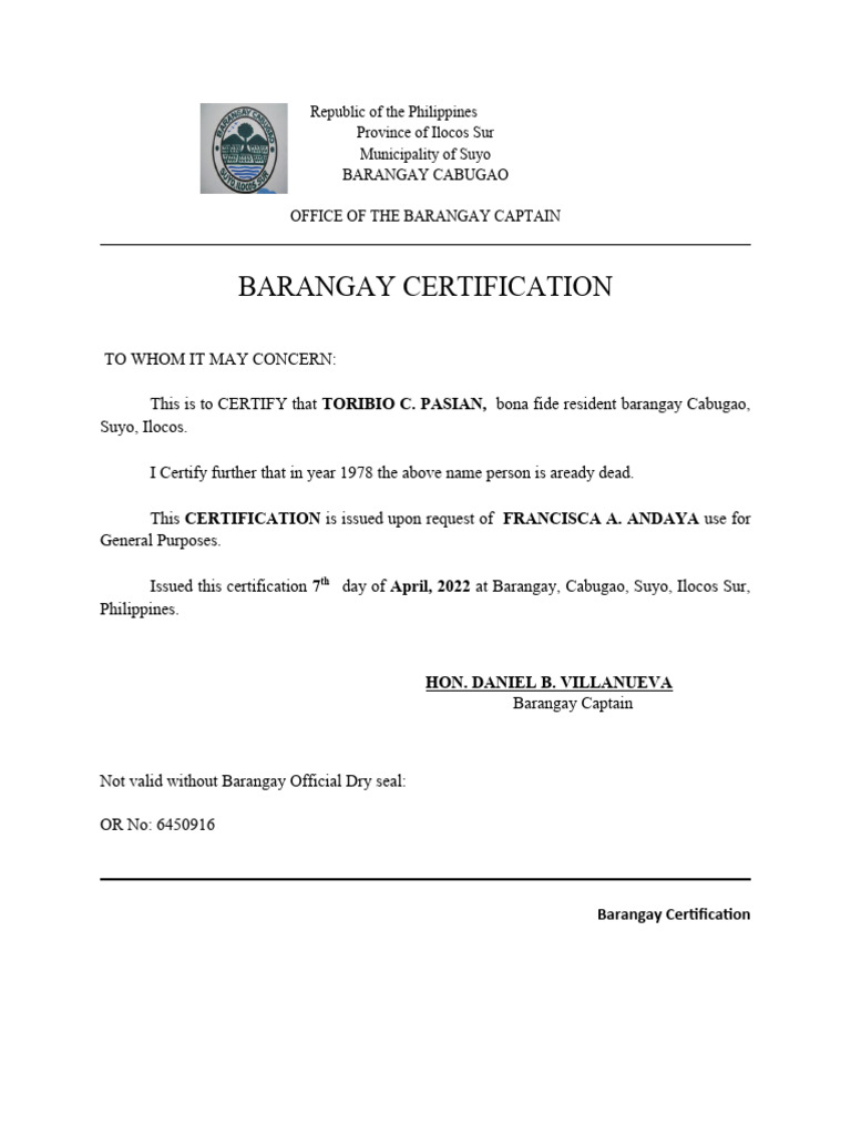 BARANGAY Certification Dead | PDF