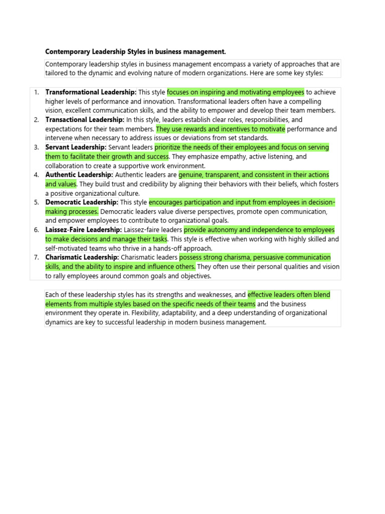 Contemporary Leadership Styles in Business Management | PDF ...