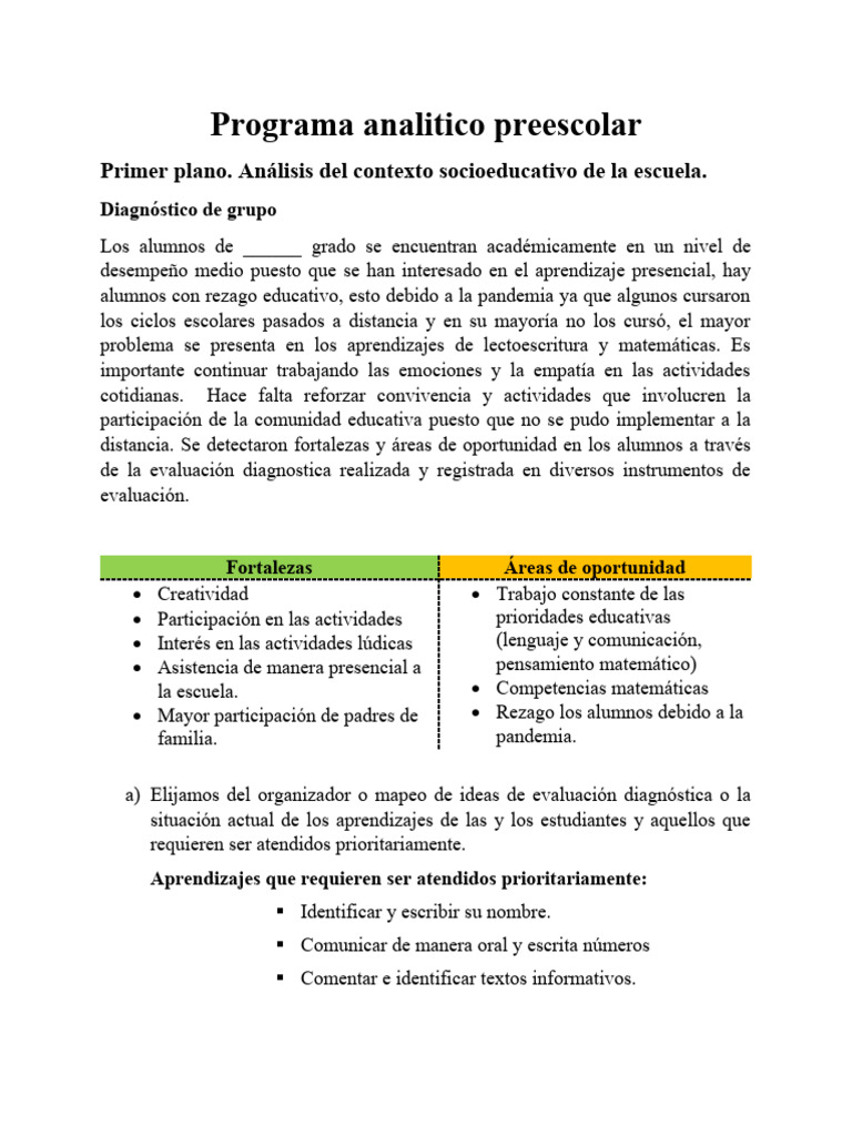 Programa Analitico Preescolar ELABORADO | Descargar gratis PDF | Inclusión (Educación) | Aprendizaje