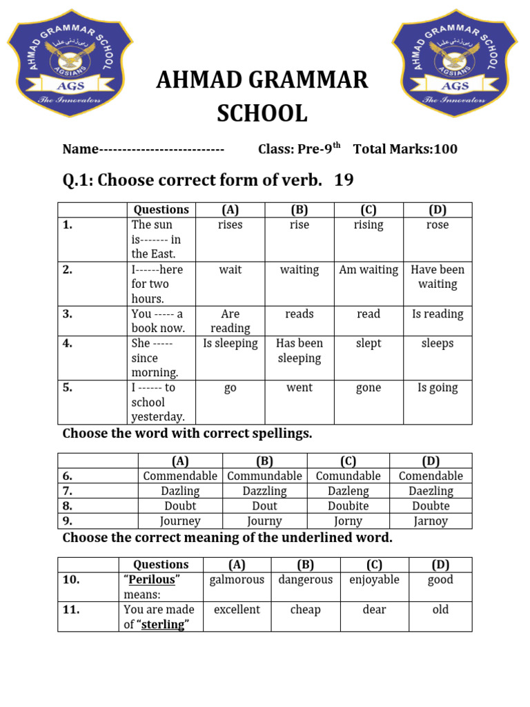 AGS PRE-9TH ENGLISH FINAL PAPER | PDF | Syntax | Grammar