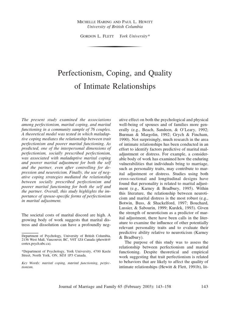 (2003) Haring, M., Hewitt, P. L., & Flett, G. L. Perfectionism, Coping, and Quality of Intimate ...