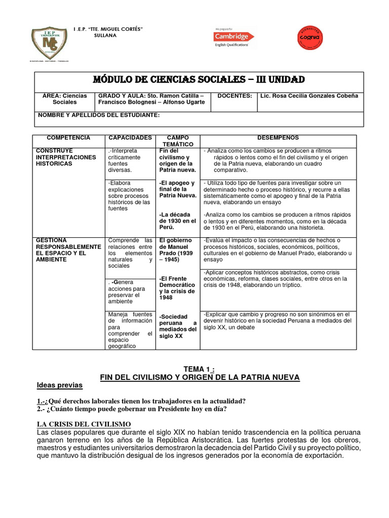 Modulo De5to de La 3uni. CC - SS. 2024 | PDF | Perú