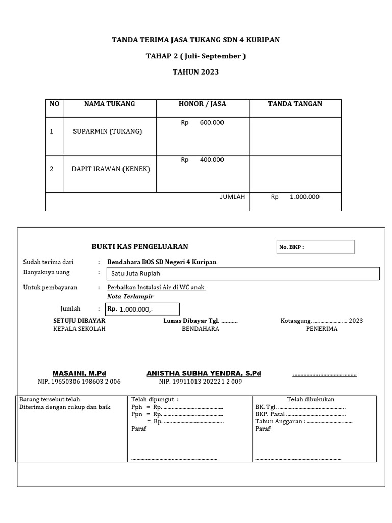 Tanda Terima Jasa Tukang SDN 4 Kuripan | PDF