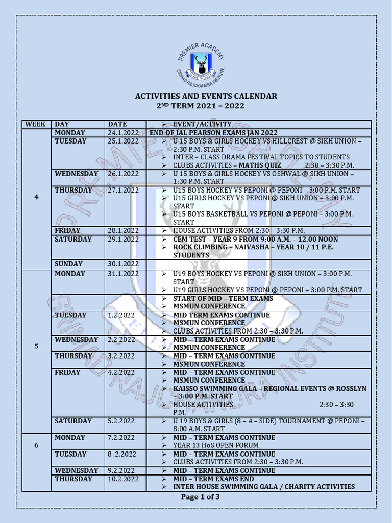 Activities & Events Calendar For 2ND Term of 2021 - 2022 - Sports and ...
