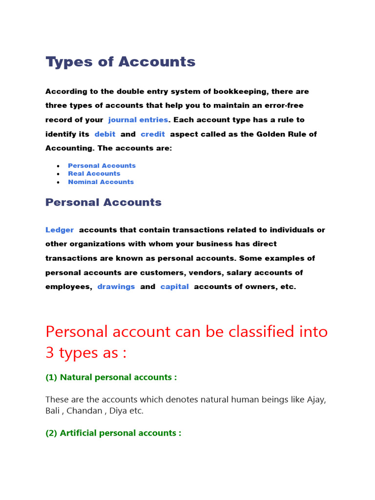 Types of Accounts and Golden Rule, jOURNAL, LEDGER TB | PDF | Debits ...