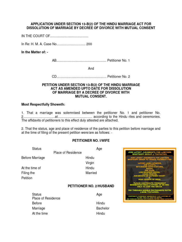 Format Application Under Section 13-B (2) of The Hindu Marriage Act For ...