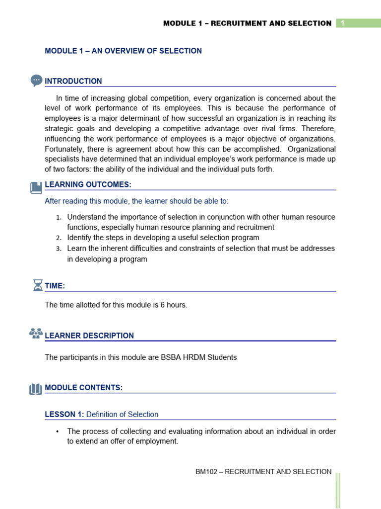 RECRUITMENT AND SELECTION MODULE 1 An Overview of Selection | PDF ...