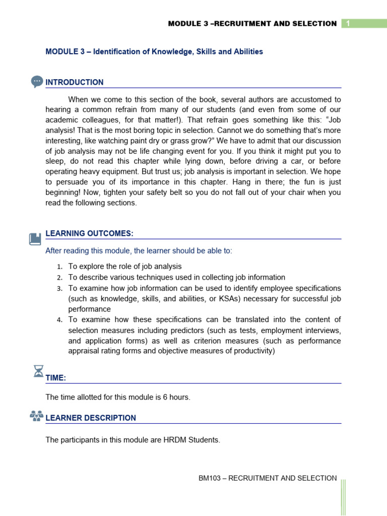 RECRUITMENT AND SELECTION MODULE 3 Identification of Knowledge Skills ... RECRUITMENT AND SELECTION MODULE 3 Identification of Knowledge Skills ...