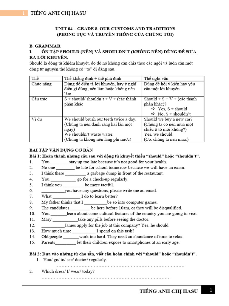 Unit 4 Grade 8 - Bài tập ngữ pháp chuyên sâu - Our customs and ...