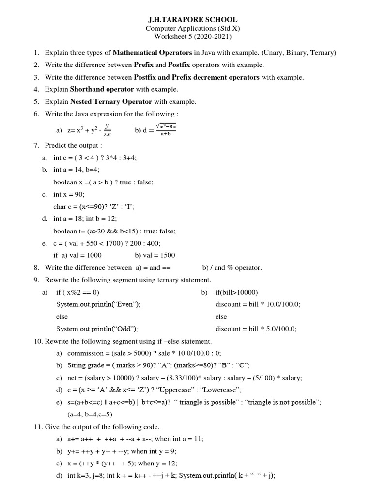 Java Operators and Programming Concepts Worksheet | PDF | Software ...