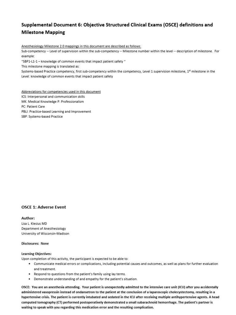 Anesthesiology OSCE Milestone Guide | PDF | Patient Safety | Medical Error