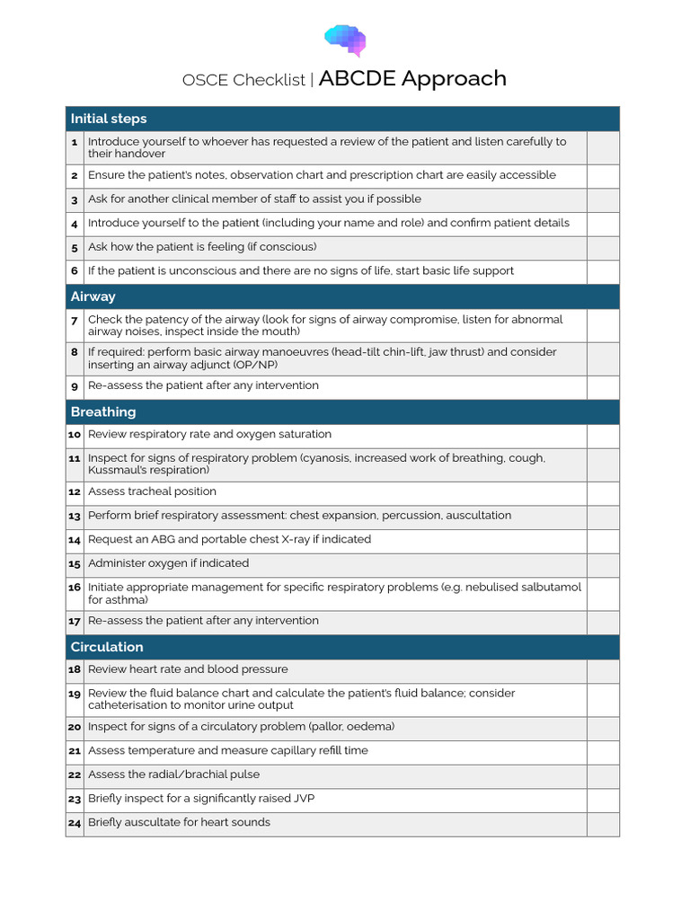 ABCDE-Approach OSCE-Checklist | PDF | Diseases And Disorders | Medicine