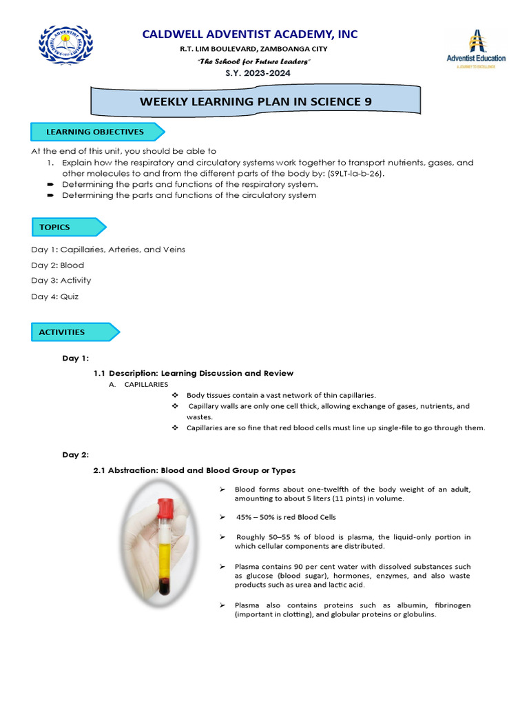 SCIENCE 9 Lesson plan-WEEK 2 | PDF | Blood | Capillary