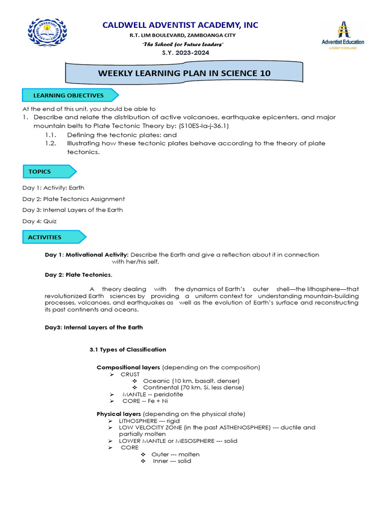 SCIENCE 10 Lesson plan-WEEK 1 | Download Free PDF | Plate Tectonics | Earth