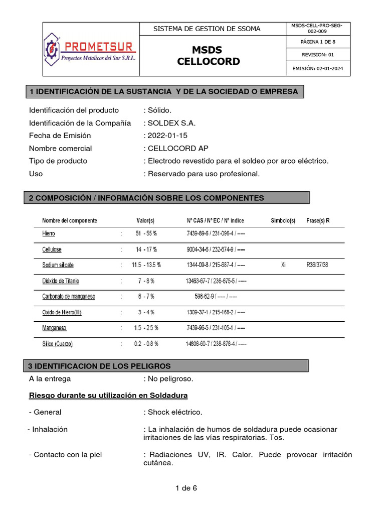 MSDS-CELL-PRO-SEG- 002-009 | Descargar gratis PDF | Soldadura | Construcción