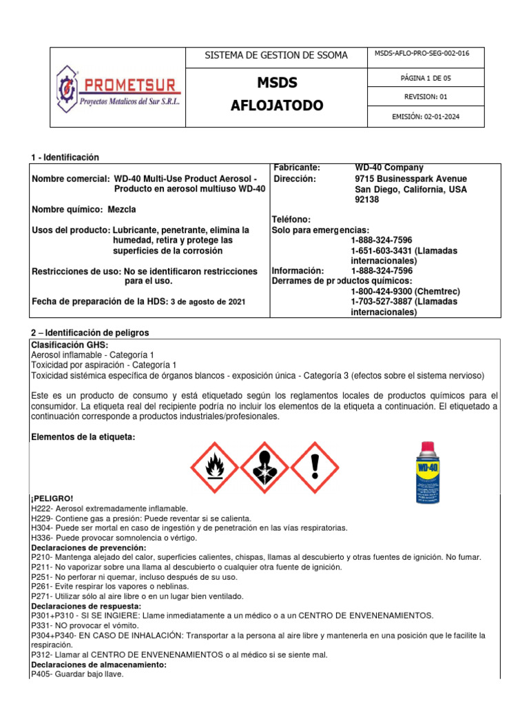 Guía de Seguridad para Uso de WD-40 | PDF | Aerosol | Química