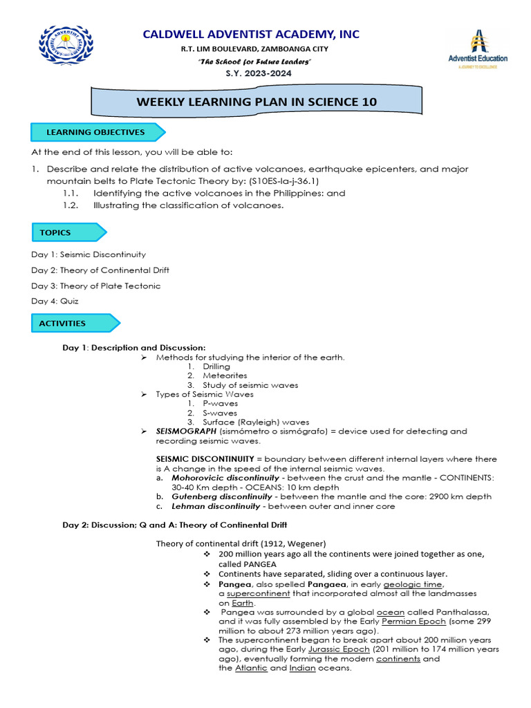 SCIENCE 10 Lesson plan-WEEK 2 | PDF | Plate Tectonics | Seismology