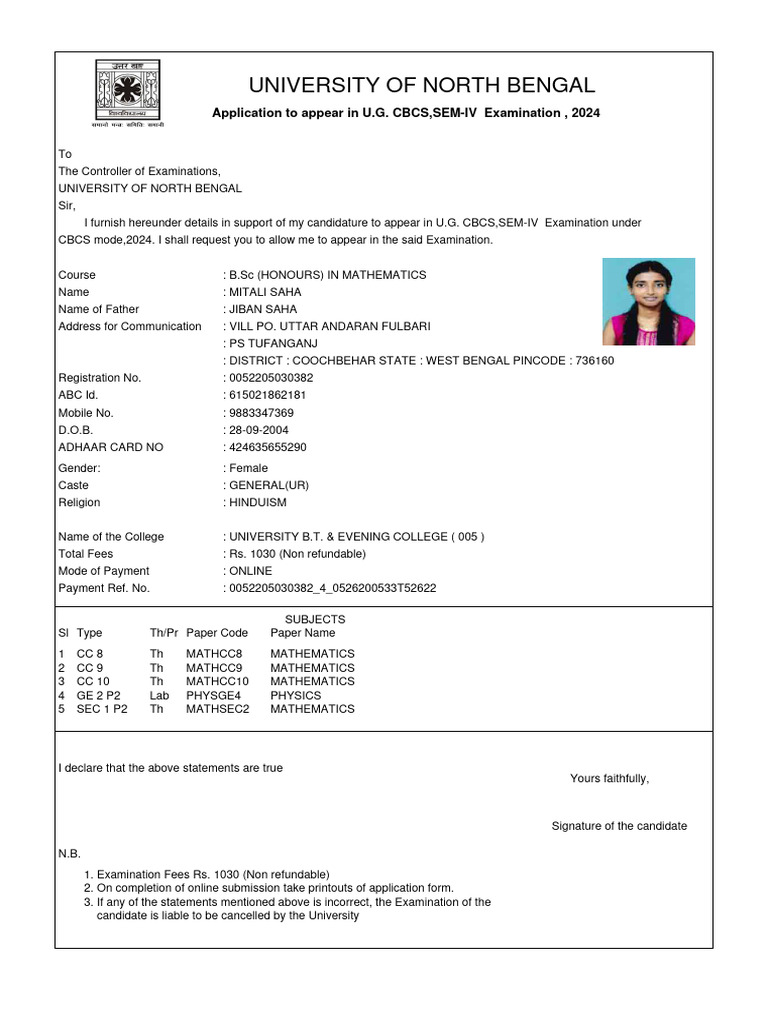 University of North Bengal: Application To Appear in U.G. CBCS, SEM-IV Examination, 2024 | PDF