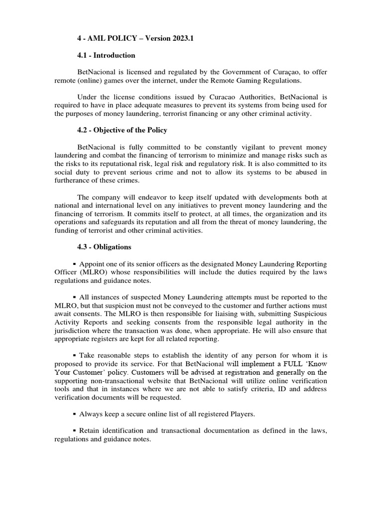 4 - AML POLICY - Version 2023.1 4.1 - Introduction | PDF | Money ...