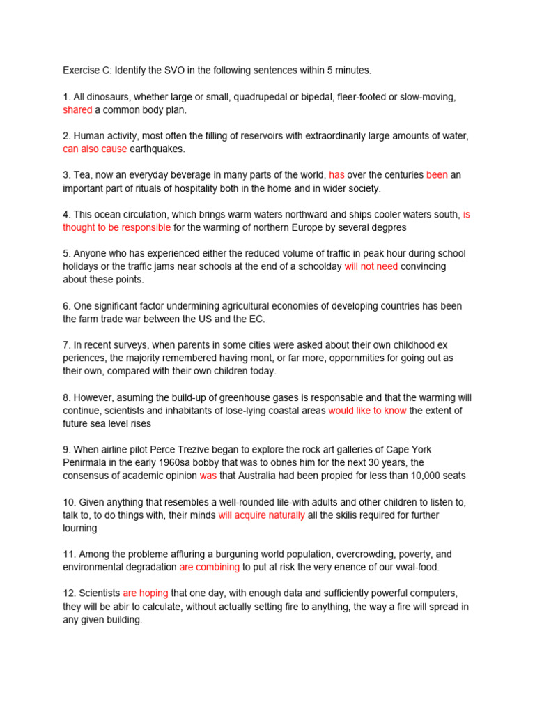 Exercise C - Identify The SVO in The Following Sentences Within 5 ...