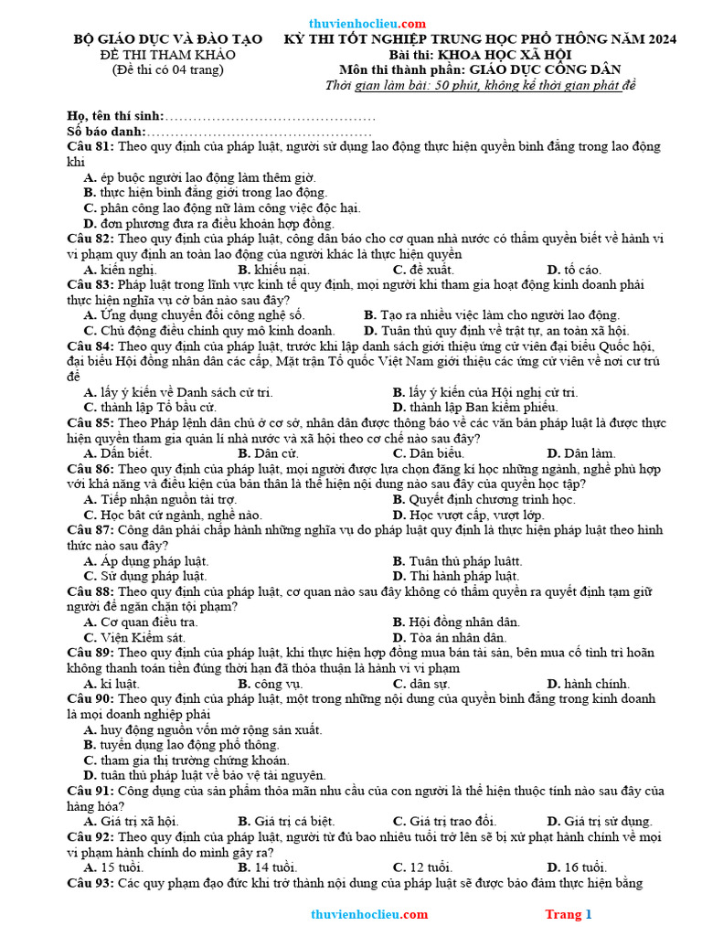 De Minh Hoa Mon GDCD Tot Nghiep 2024 | PDF