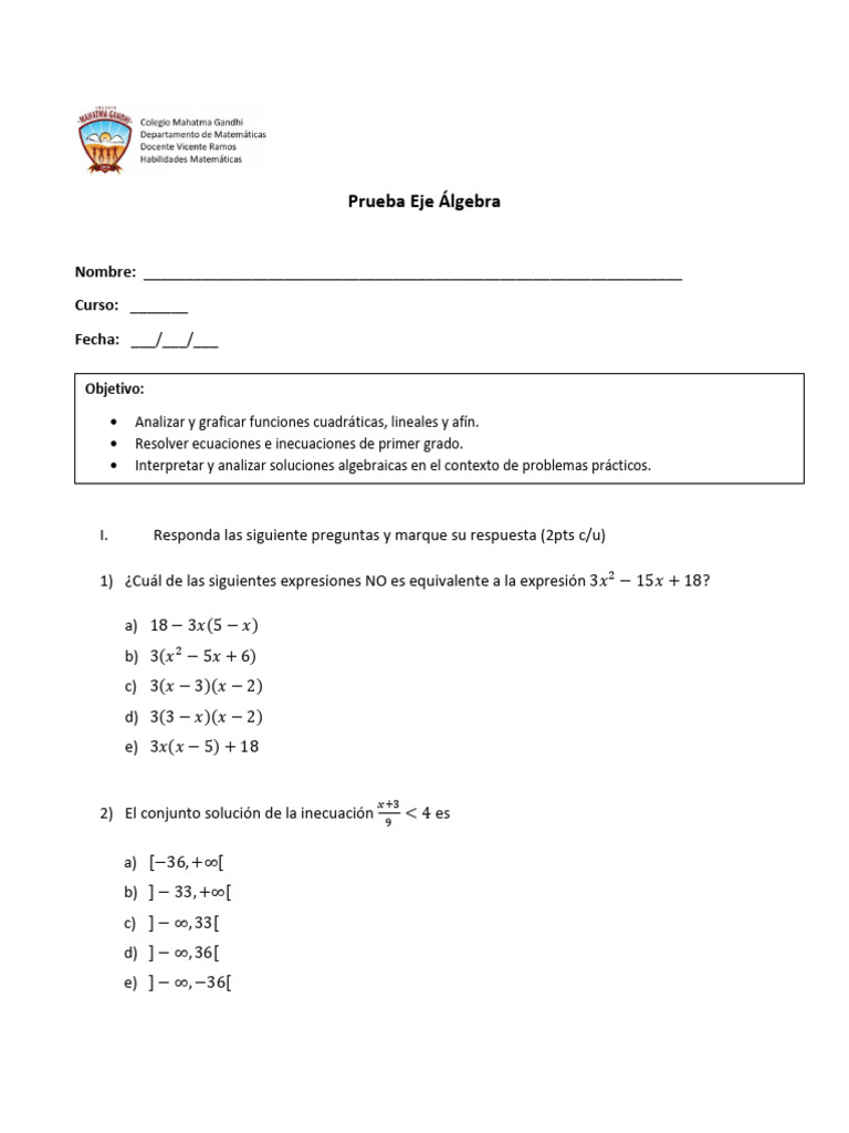 Prueba Eje Álgebra | PDF | Masa | Objetos matemáticos