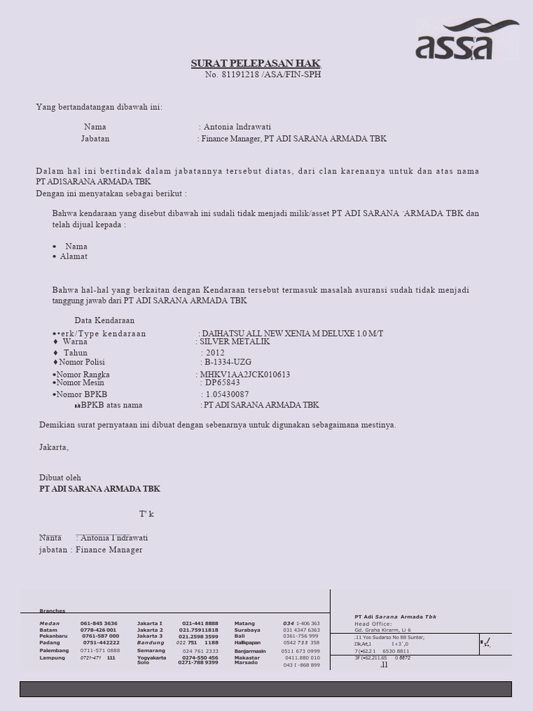 Surat Pelepasan Hak: 81191218 /ASA/FIN-SPH | PDF