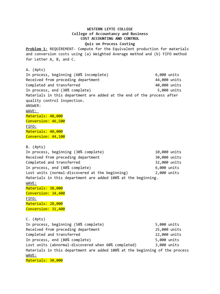 Process Costing Quiz and Solutions | PDF | Inventory | Business Economics