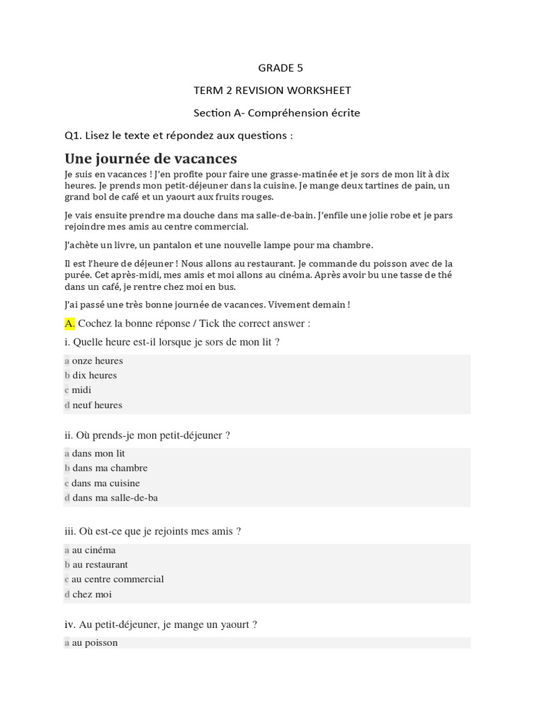 Gr5 French Term 2 Exam Revision Worksheet-1 | PDF | Repas ...