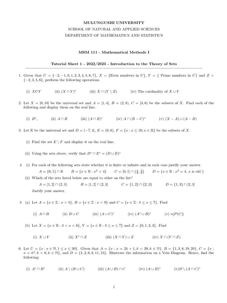 MSM 111: Set Theory Tutorial 1 | PDF | Mathematics | Mathematical Concepts