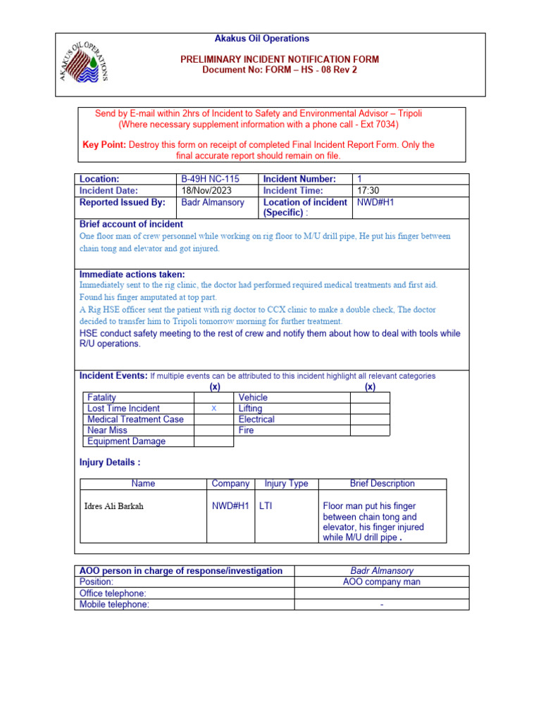 Preliminary Incident Notification Form | PDF