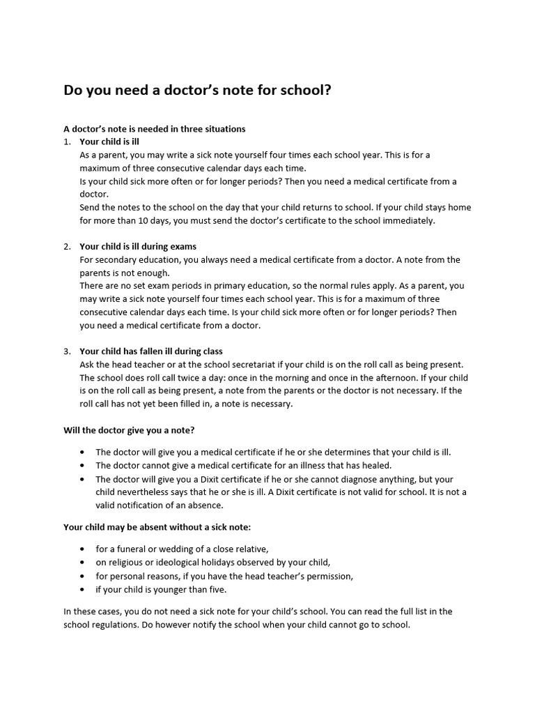 School Sick Notes: A Parent's Guide | PDF | Schools